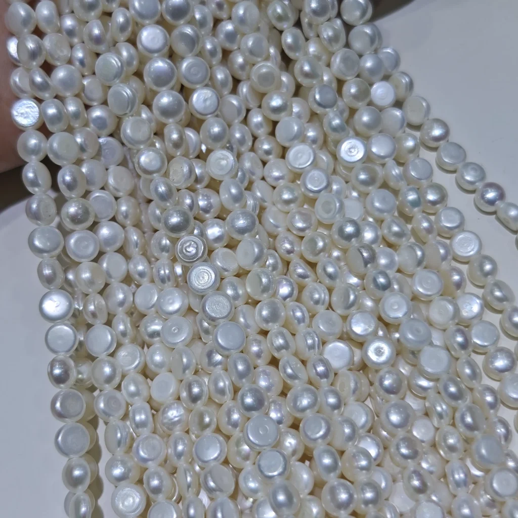 6-7mm White Button Shape Freshwater Pearl Strand, AAA Grade, Side hole ...